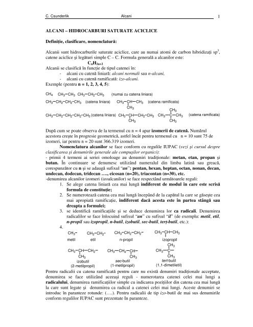 1 ALCANI – HIDROCARBURI SATURATE ACICLICE Defini ie ...