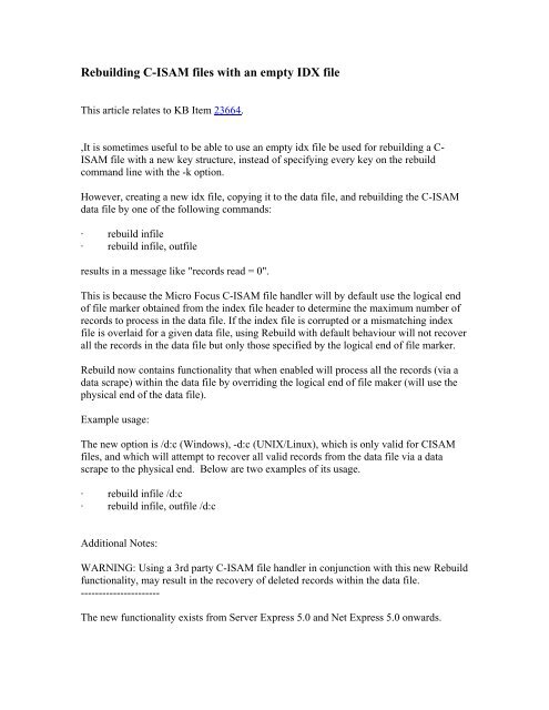 Rebuilding C-ISAM files with an empty IDX file - Micro Focus