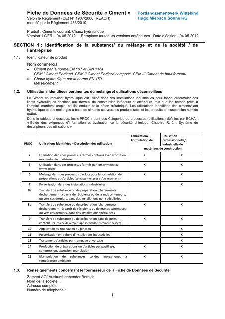 Fiche de Données de Sécurité « Ciment » - Miebach