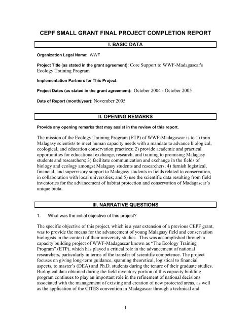 CEPF SMALL GRANT FINAL PROJECT COMPLETION REPORT