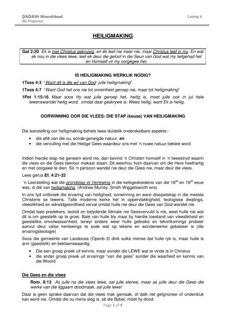 HEILIGMAKING - Lewende Waters Bedieninge