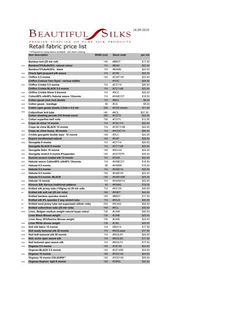 Retail fabric price list - Beautiful Silks