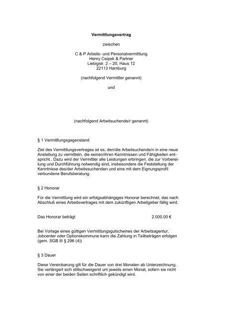 Vermittlungsvertrag zwischen C & P Arbeits- und ...