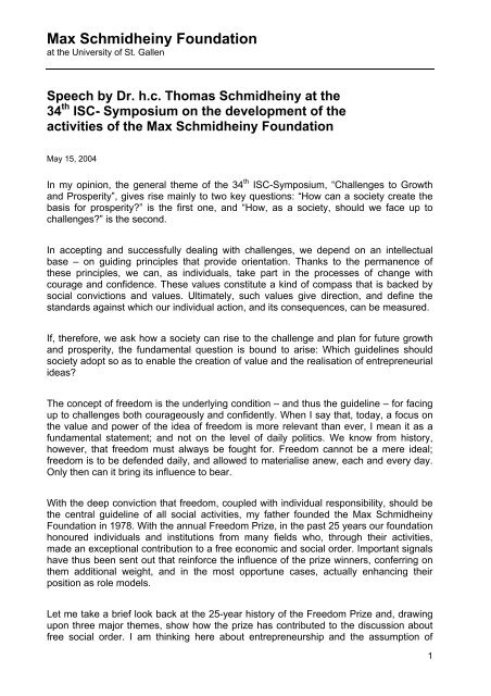 Speech by Dr. h.c. Thomas Schmidheiny - Max Schmidheiny-Stiftung