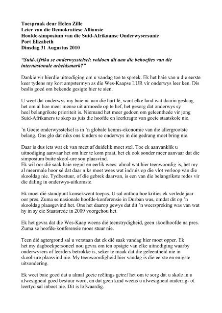Toespraak deur Helen Zille Leier van die Demokratiese Alliansie ...