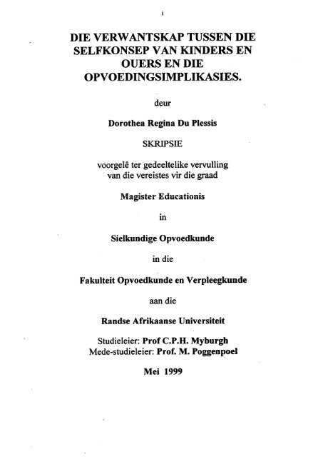 Die verwantskap tussen die selfkonsep van kinders en ouers en die ...