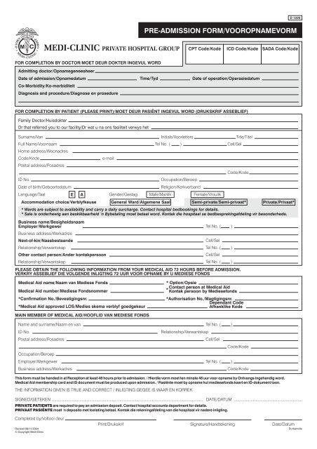 PRE-ADMISSION FORM/VOOROPNAMEVORM - Medi-Clinic