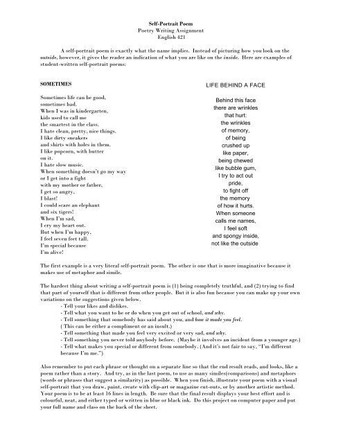 Self Portrait Poem Poetry Writing Assignment English 421 A Self 