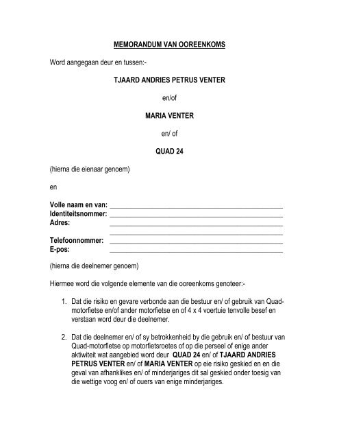 MEMORANDUM VAN OOREENKOMS Word aangegaan ... - Quad24