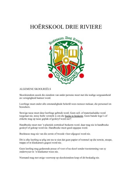Hoërskool Drie Riviere Gedragskode - Hoerskool Drie Riviere