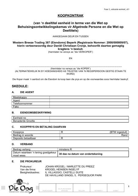 KOOPKONTRAK (van 'n deeltitel eenheid in terme van die Wet op ...
