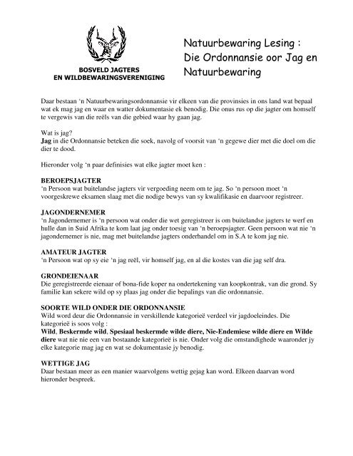 Natuurbewaring en Ordonansie - Bosveld Jagters en ...