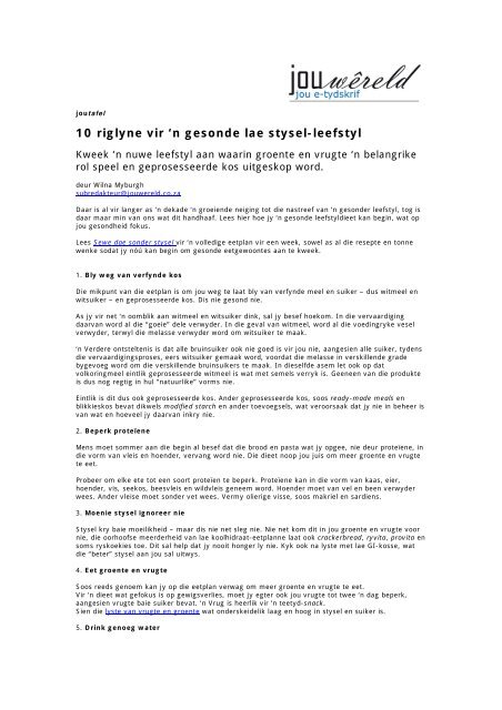 10 riglyne vir 'n gesonde lae stysel-leefstyl - jouwêreld e-tydskrif