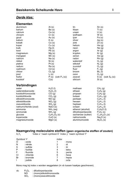 Basiskennis Scheikunde Havo 1 Derde klas: Elementen ... - Webnode