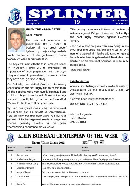 klein boishaai gentleman of the week - Paarl Boys' Primary School