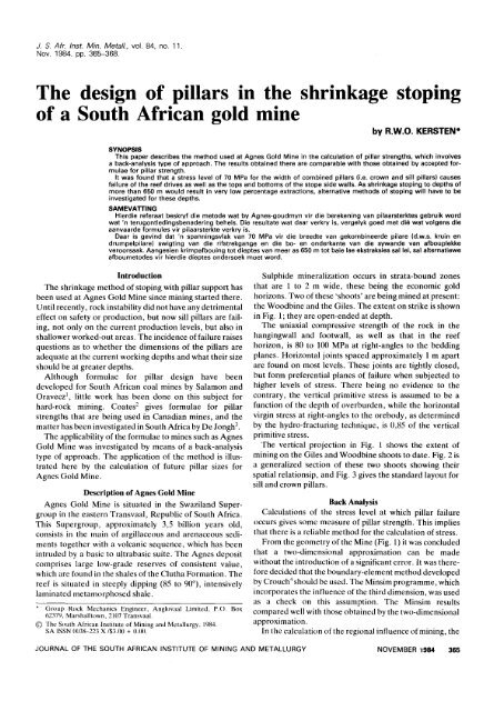 The design of pillars in the shrinkage stoping of a South ... - saimm