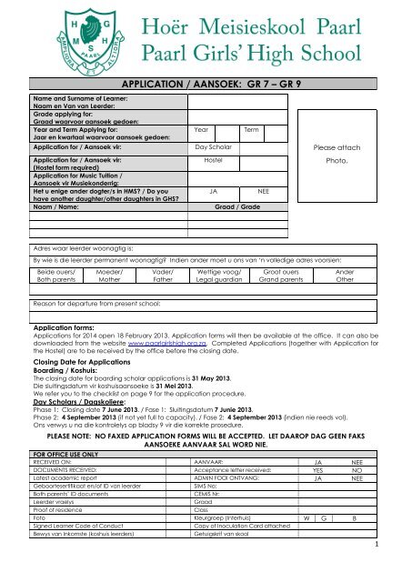 APPLICATION / AANSOEK: GR 7 – GR 9 - Paarl Girls' High