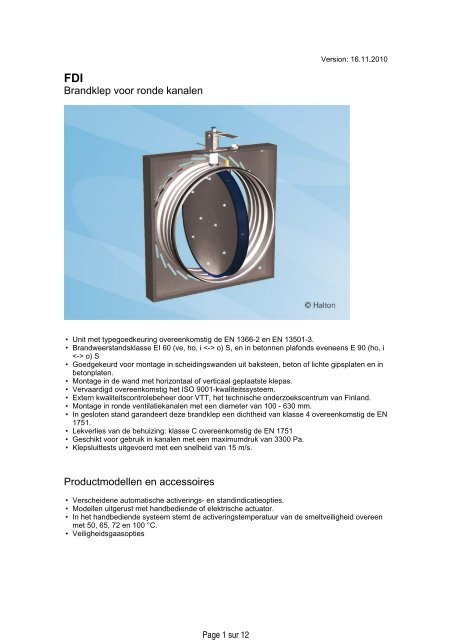Brandklep voor ronde kanalen Productmodellen en ... - Halton