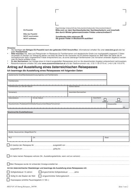 Antrag auf Ausstellung eines österreichischen Reisepasses