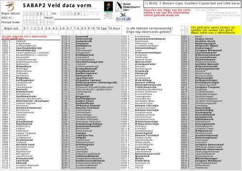 SABAP2 Veld data vorm