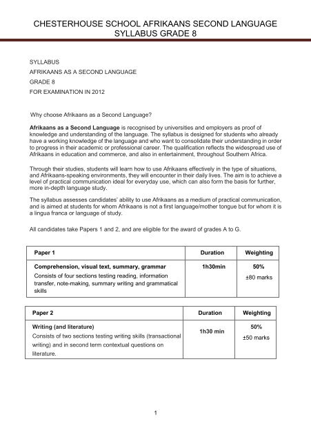 Igcse Afrikaans 2012 Graad 8 Chesterhouse School Igcse Afrikaans 2012 Graad 8 Chesterhouse School