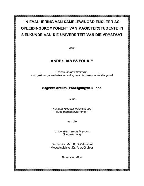 Skripsie - AJ Fourie. Deel A _Voorblad, Inhoudsopgawe en O…
