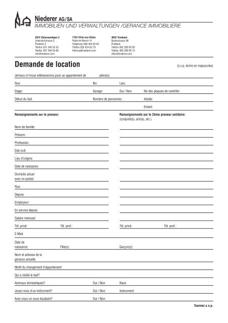 Demande de location - Niederer AG