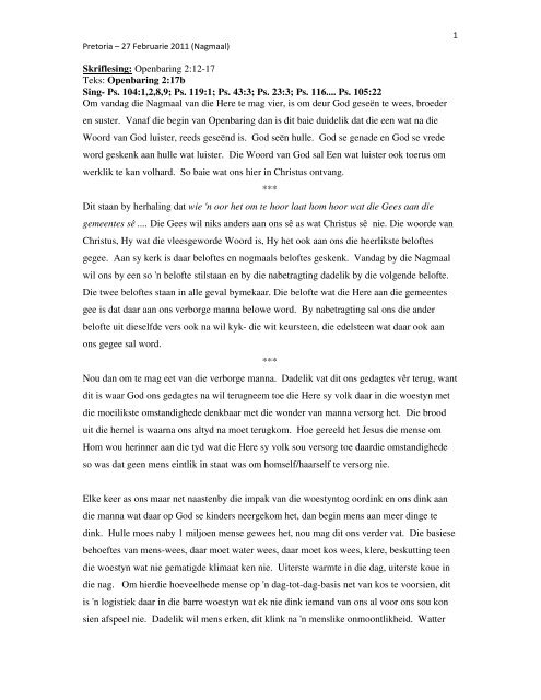 Openbaring 2:12-17 Teks: Openbaring 2:17b Sing - Gereformeerde ...