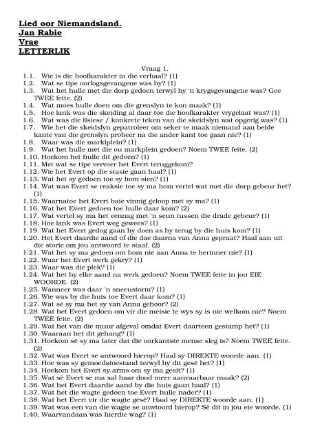 Lied oor Niemandsland. Jan Rabie Vrae LETTERLIK - Afrikaans ...