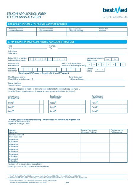 TELKOM APPLICATION FORM TELKOM AANSOEKVORM - Bestmed