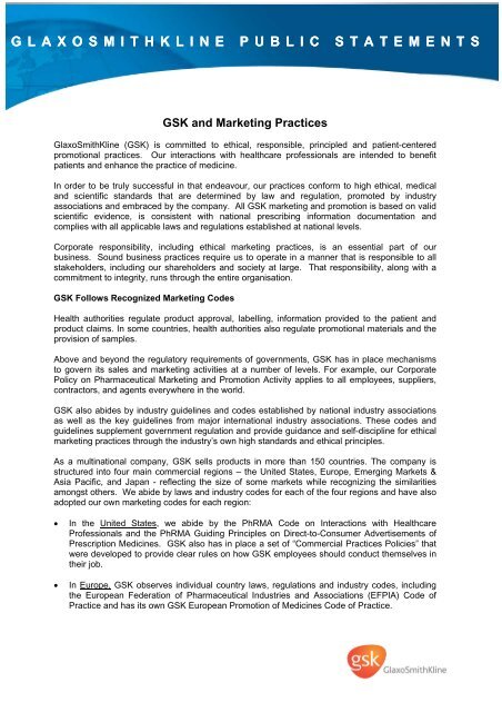 GSK Public Statement on Marketing Practices