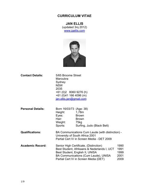 CURRICULUM VITAE JAN ELLIS - jan ellis - actor, writer, editor