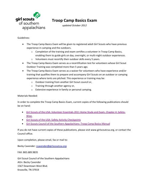 Troop Camp Basics Exam - Girl Scout Council - Appalachian