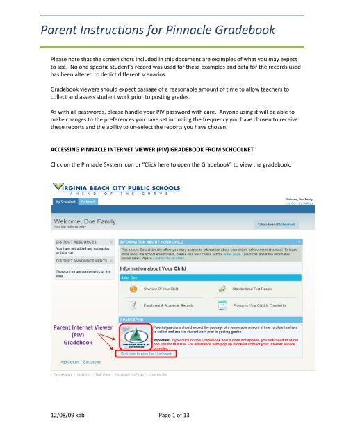 Parent Instructions for Pinnacle Gradebook - Virginia Beach City ...