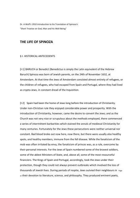 THE LIFE OF SPINOZA - Benedictus de Spinoza.nl