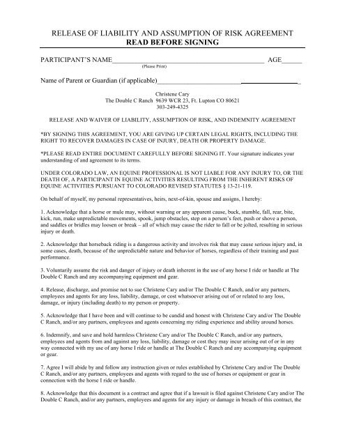 release of liability and assumption of risk agreement read before ...