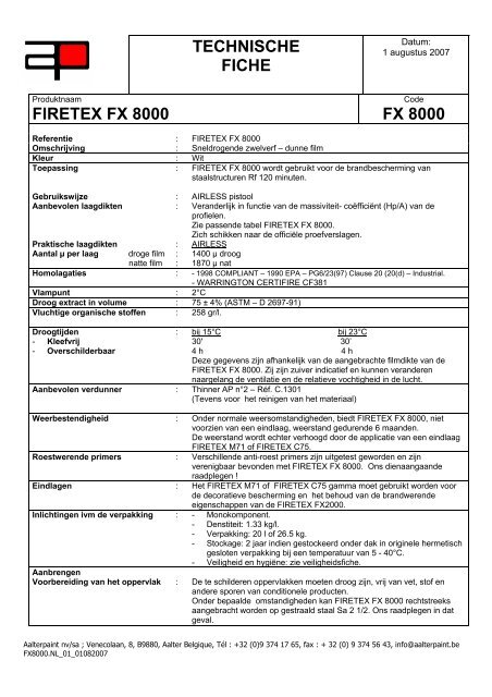 TECHNISCHE FICHE FIRETEX FX 8000 FX 8000 - Aalterpaint