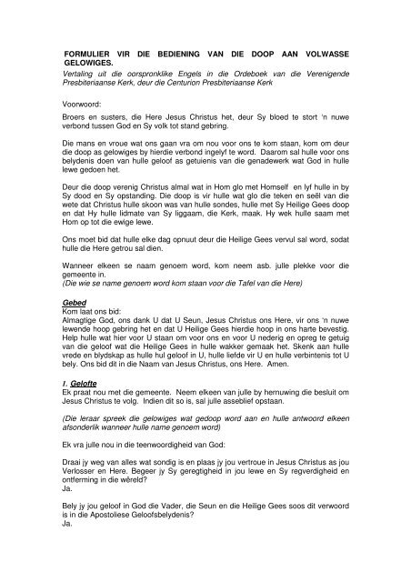 FORMULIER VIR DIE BEDIENING VAN DIE DOOP AAN ...