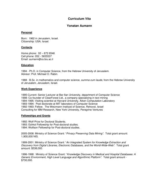 Curriculum Vita Yonatan Aumann