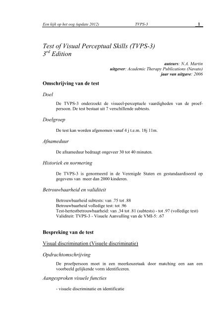 Test of Visual Perceptual Skills (TVPS-3) 3 Edition - Sig