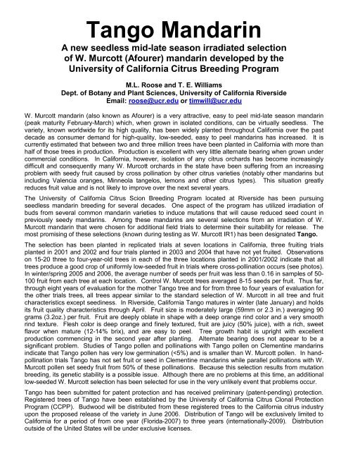 Tango Mandarin - Citrus Variety Collection - University of California ...