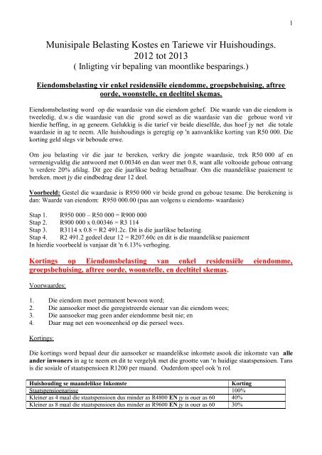 Munisipale Belasting Kostes en Tariewe vir Huishoudings. 2012 tot ...
