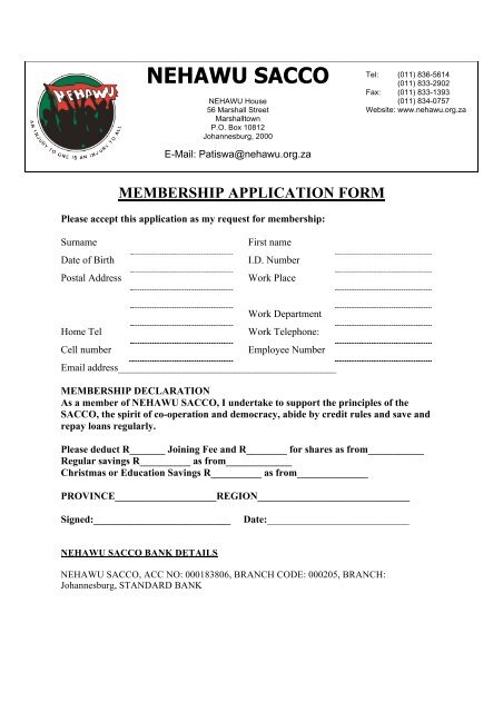 NEHAWU SACCO Membership Application Form