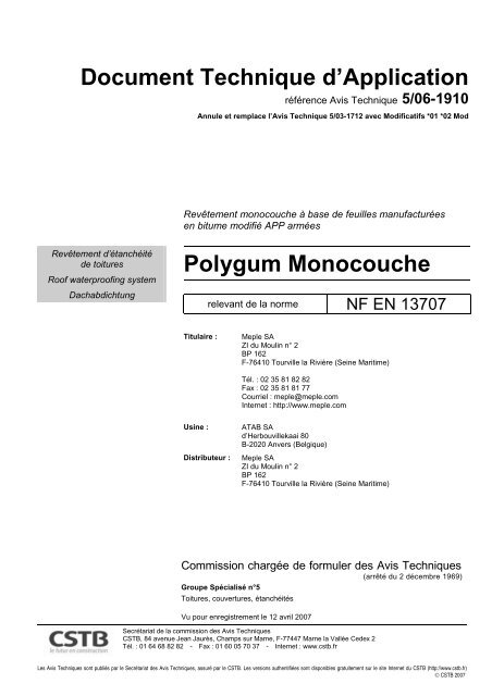 Document Technique d'Application Polygum Monocouche - CSTB