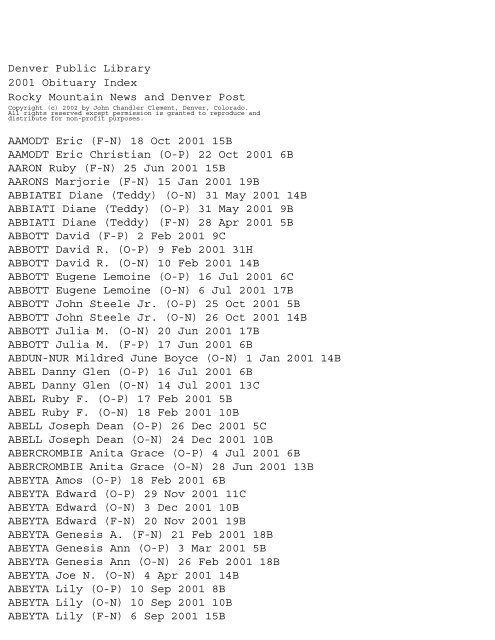Denver Public Library 2001 Obituary Index Rocky Mountain News ...