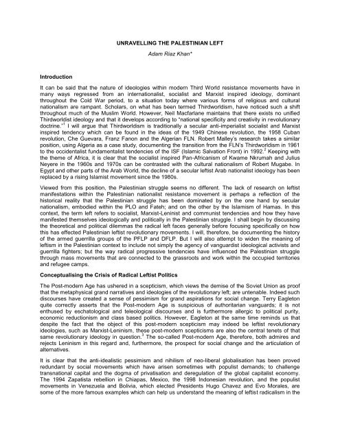 UNRAVELLING THE PALESTINIAN LEFT Adam Riaz Khan ... - ISSI