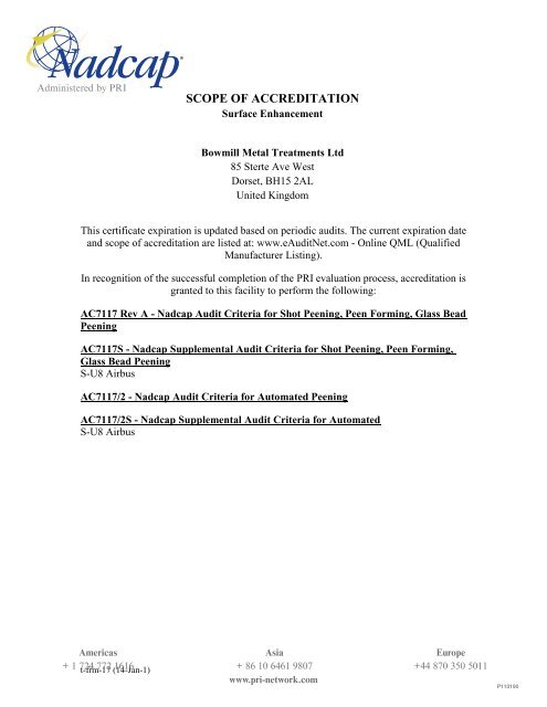 SCOPE OF ACCREDITATION - Bowmill Engineering Ltd