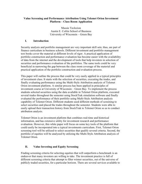 Value Screening and Performance Attribution Using Telemet Orion ...