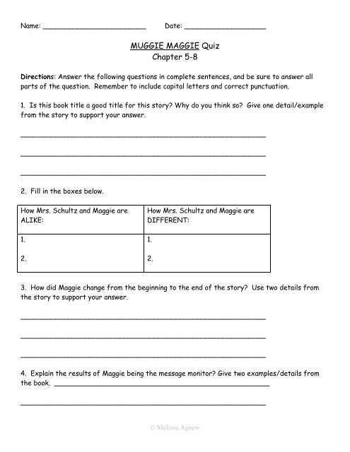 MUGGIE MAGGIE Quiz Chapter 5-8 - Mrs. Agnew's Class