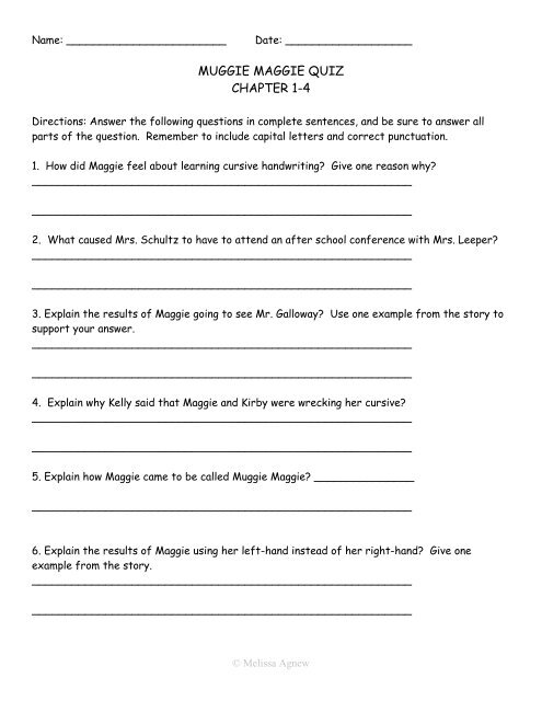 MUGGIE MAGGIE QUIZ CHAPTER 1-4 - Mrs. Agnew's Class
